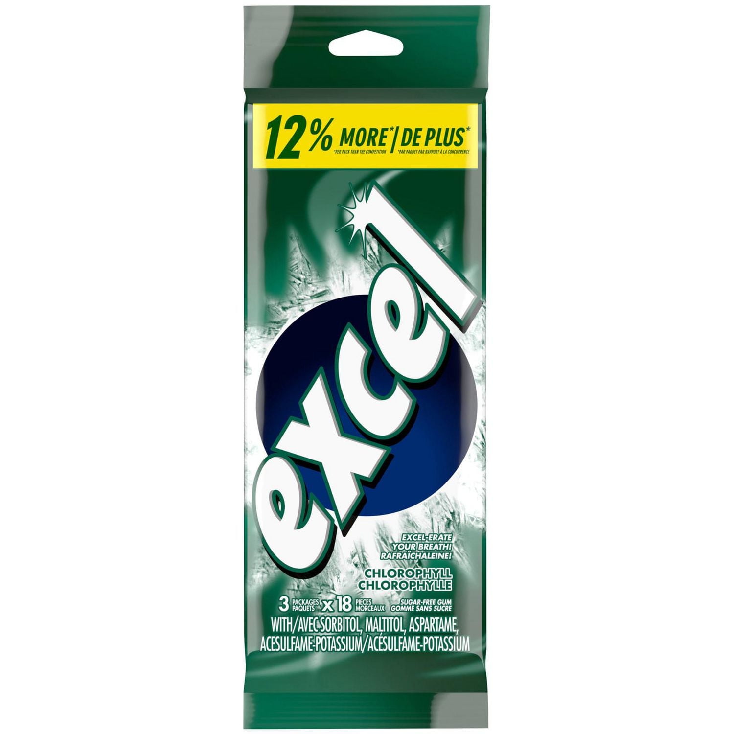 EXCEL, Chlorophyll Flavoured Sugar Free Chewing Gum, 18 Pieces, 3 Packs ...