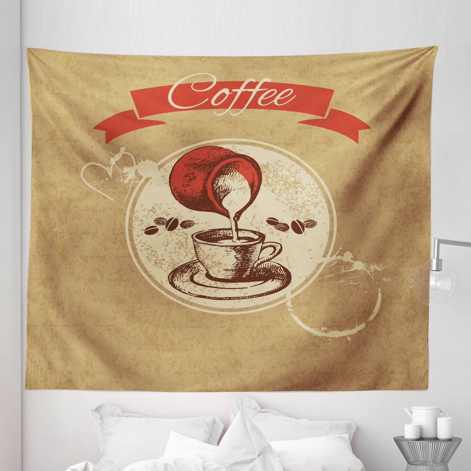 Coffee Tapestry, Weathered Look Vintage Circle Frame Spilling Milk for ...