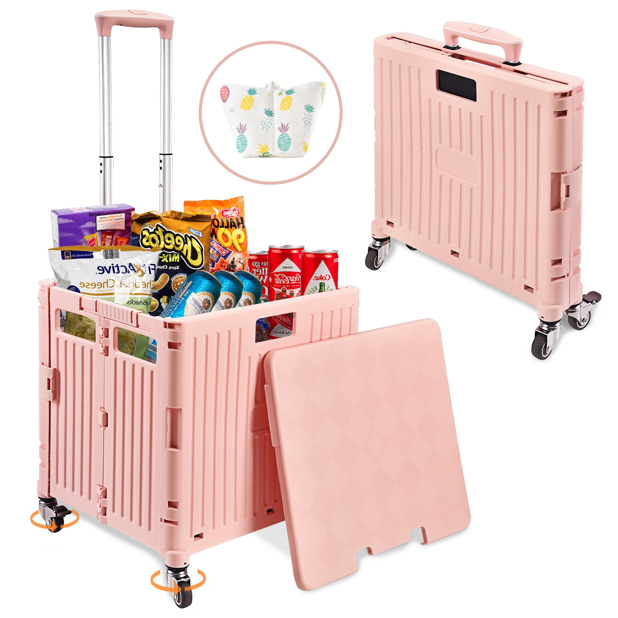 Pink Foldable Utility Cart, Portable Rolling Crate, Mobile Storage Box ...