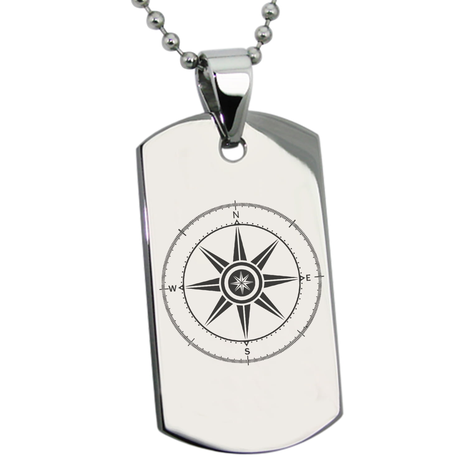 Stainless Steel Nautical Wind Compass Engraved Dog Tag Pendant Necklace ...