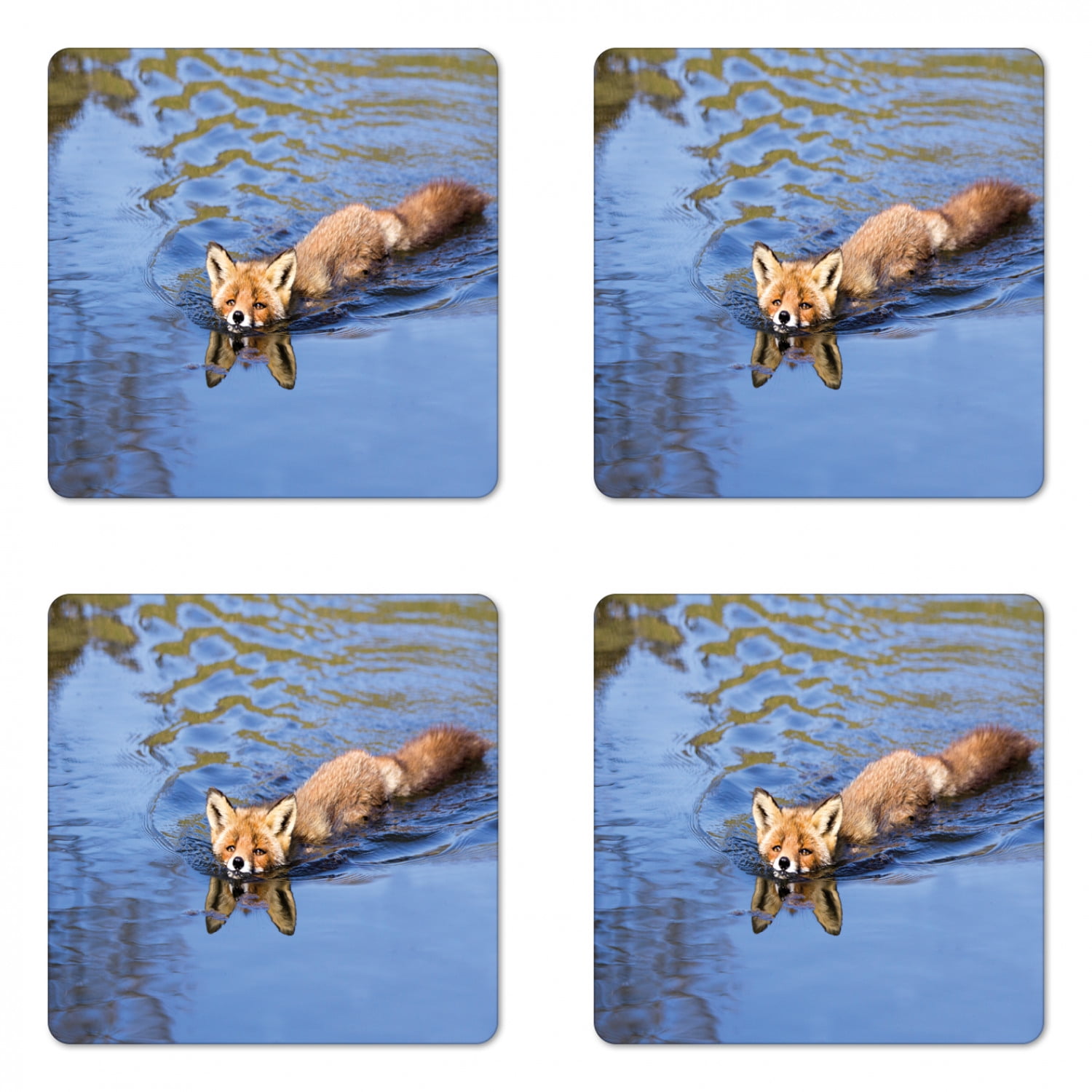 Fox Coaster Set of 4, Fox Swimming in Blue River Natural Life Mammal ...
