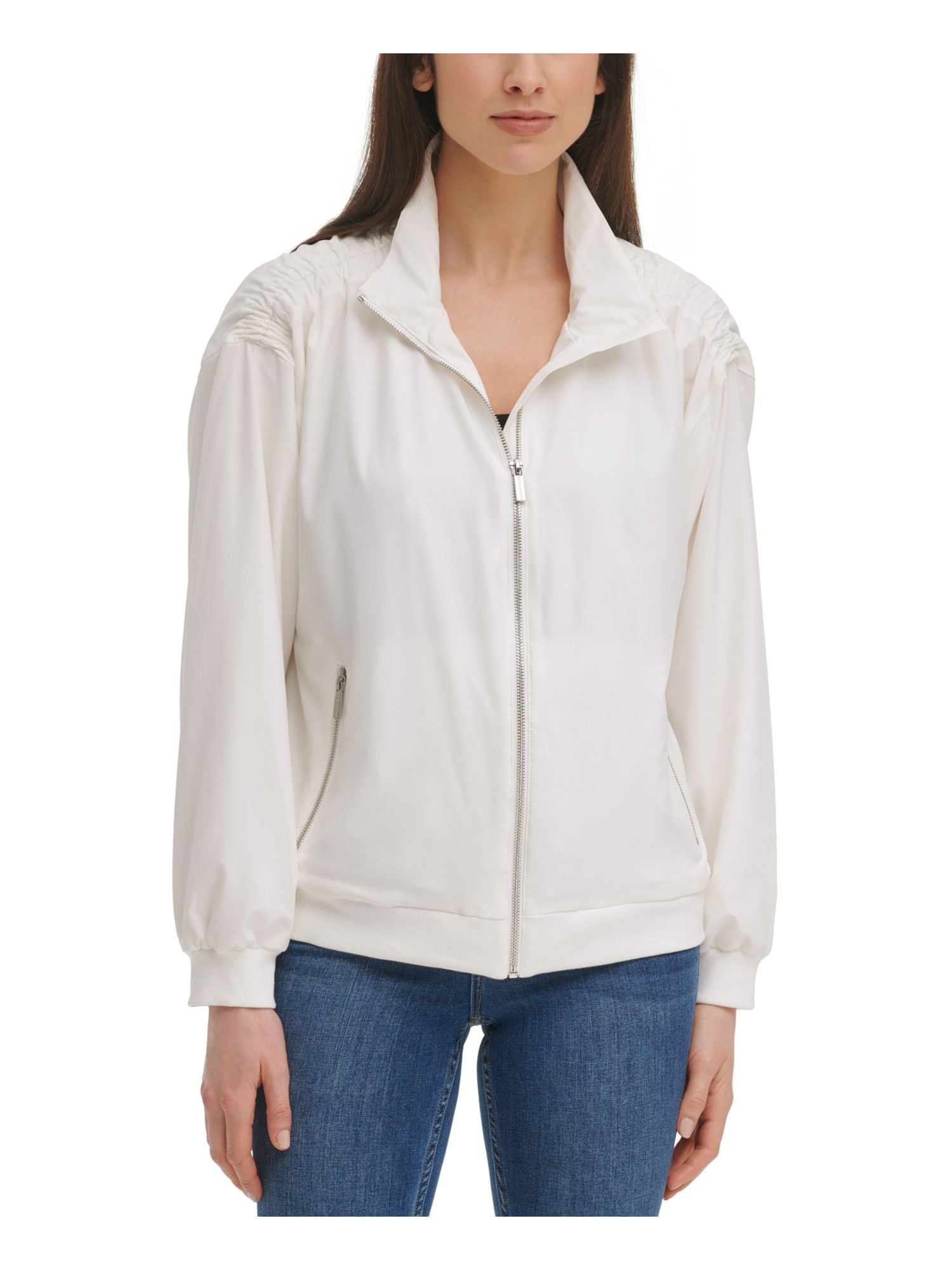 Calvin Klein Womens White Stretch Pocketed Shirred Lightweight Zip Up