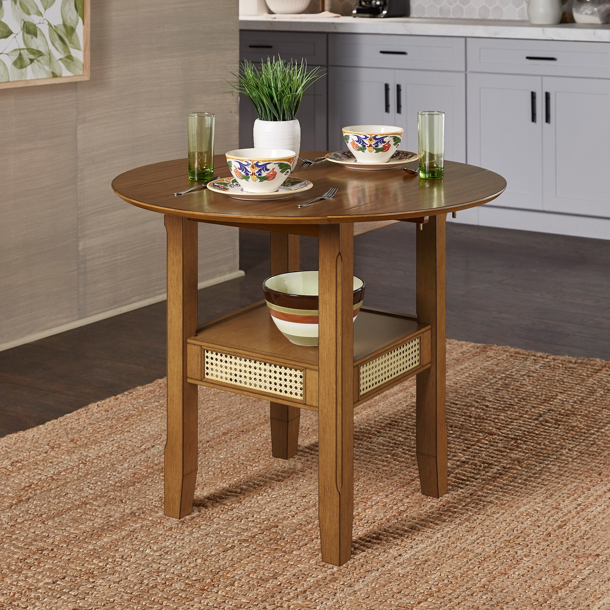 Weston Home Pulukan Cane Accent Round Dining Table with 2-Drop Leaves ...