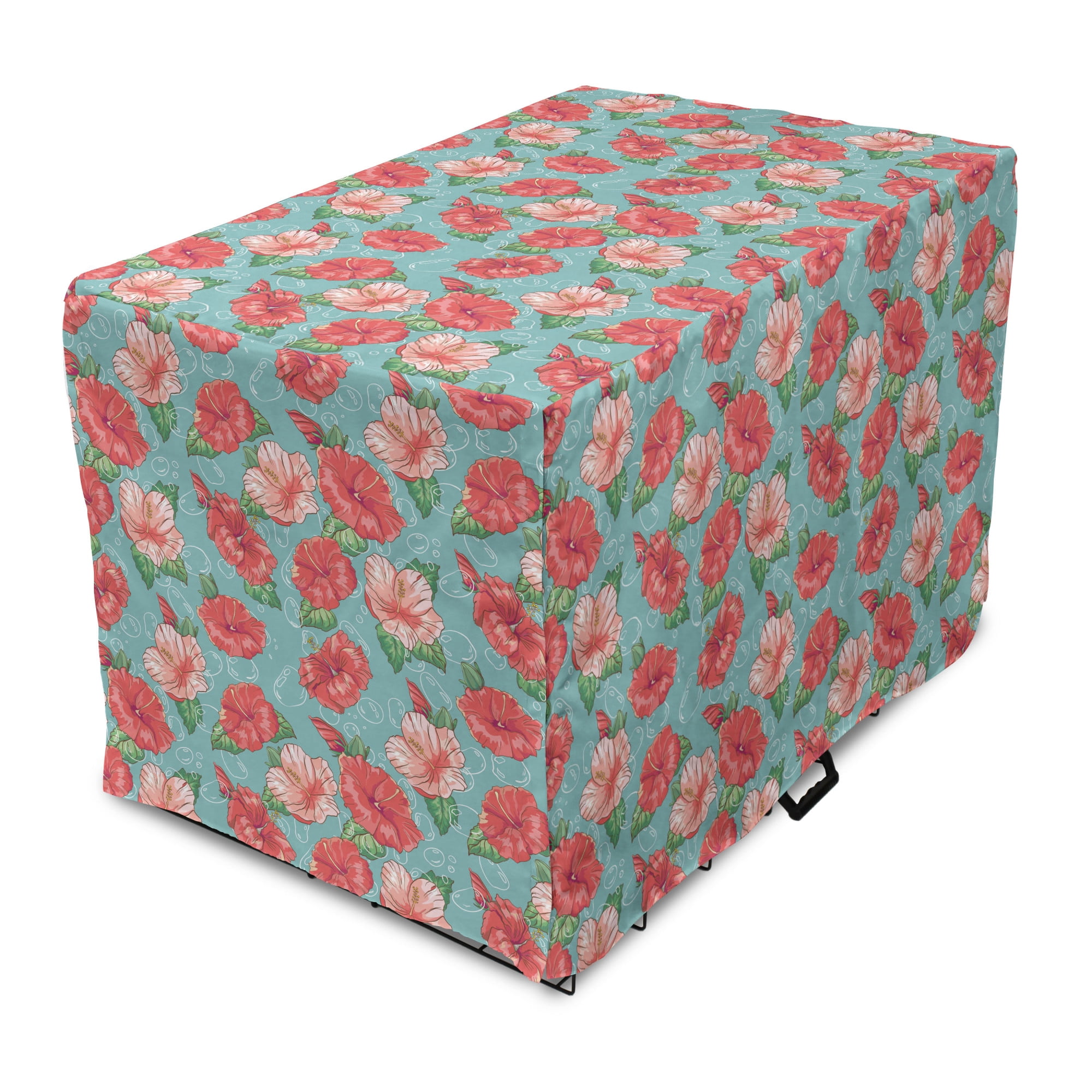 Hibiscus Dog Crate Cover, Pattern of Tropic Flowers and Bubbles Graphic ...