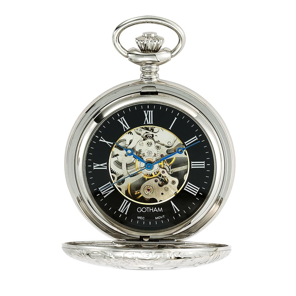 Gotham - Men's Silver-Tone 17 Jewel Mechanical Exhibition Pocket Watch ...