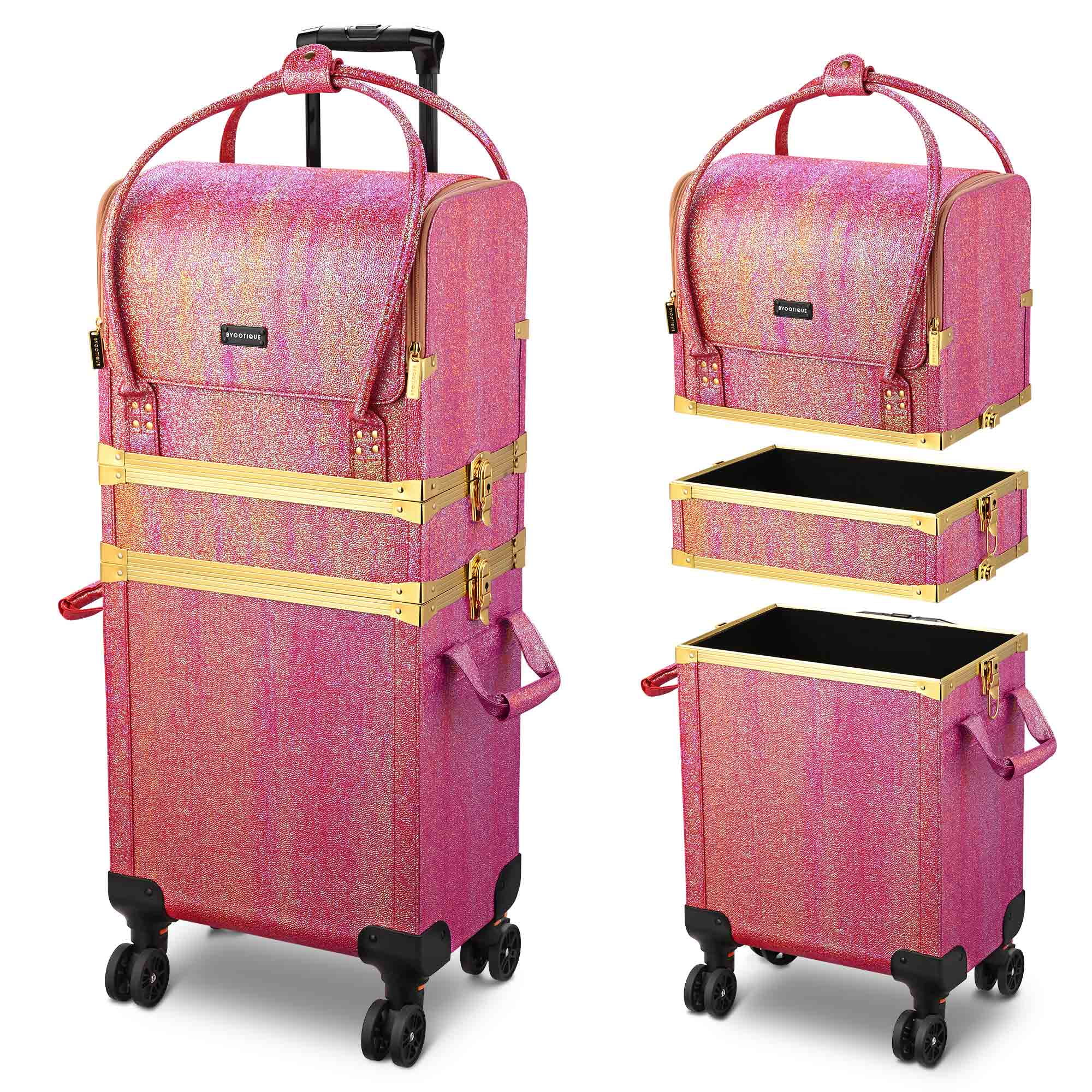 Byootique Red Gold Makeup Train Case Lockable Rolling Cosmetic Trolley ...