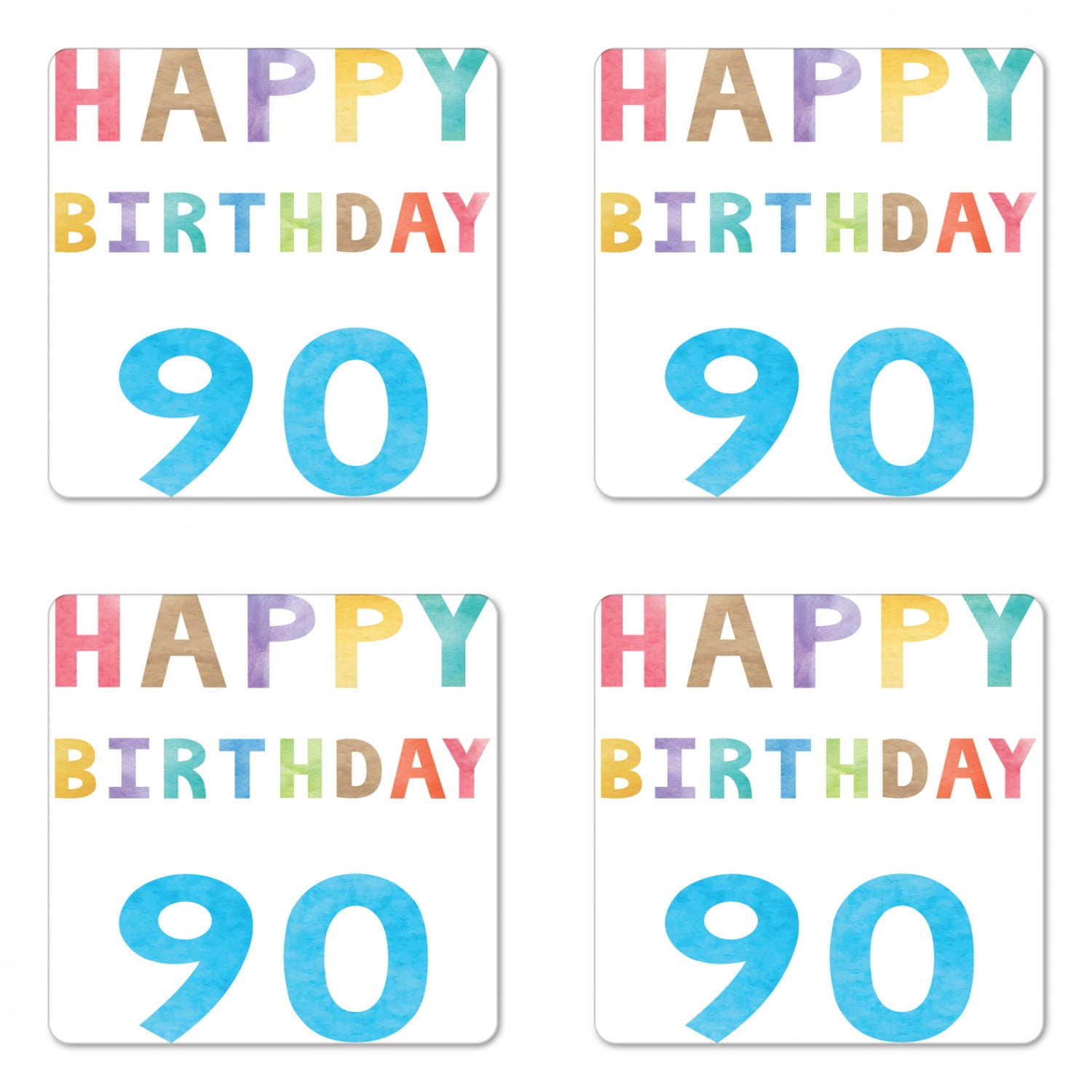 90th Birthday Coaster Set of 4, Happy Greeting Lettering in Watercolors ...