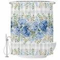 Blue Flower Shower Curtain, Summer Country Hydrangea Floral Grey Plaid ...