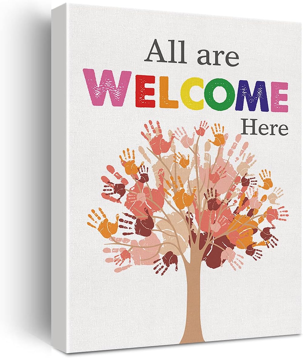 Inspirational Diversity Wall Art All are Welcome Here Watercolor Canvas ...