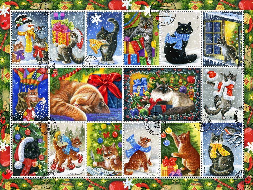 Christmas Cat Stamps, a 550-piece Puzzle by Vermont Christmas Company ...