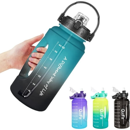 QuiFit Half Gallon Water Bottle - with Removable Straw & Motivational Time Markings,BPA Free,64 ...