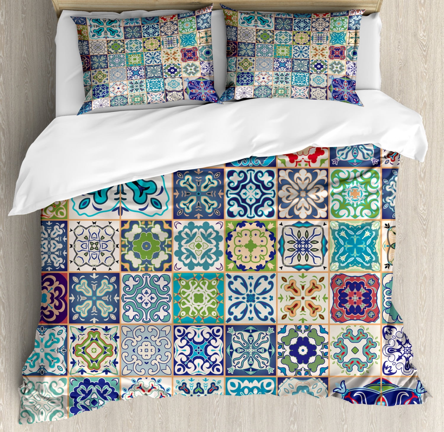 Moroccan Duvet Cover Set, Floral Patchwork Design Mediterranean ...