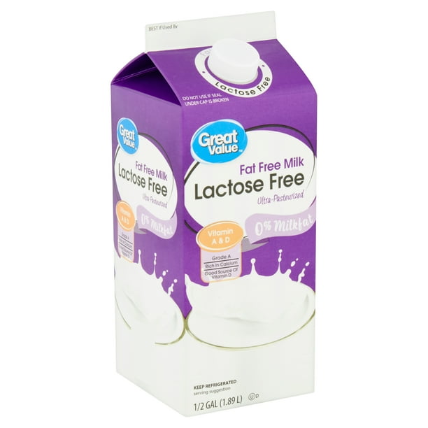 Great Value Lactose Free Skim Fat Free Milk, Half Gallon, 64 fl oz ...