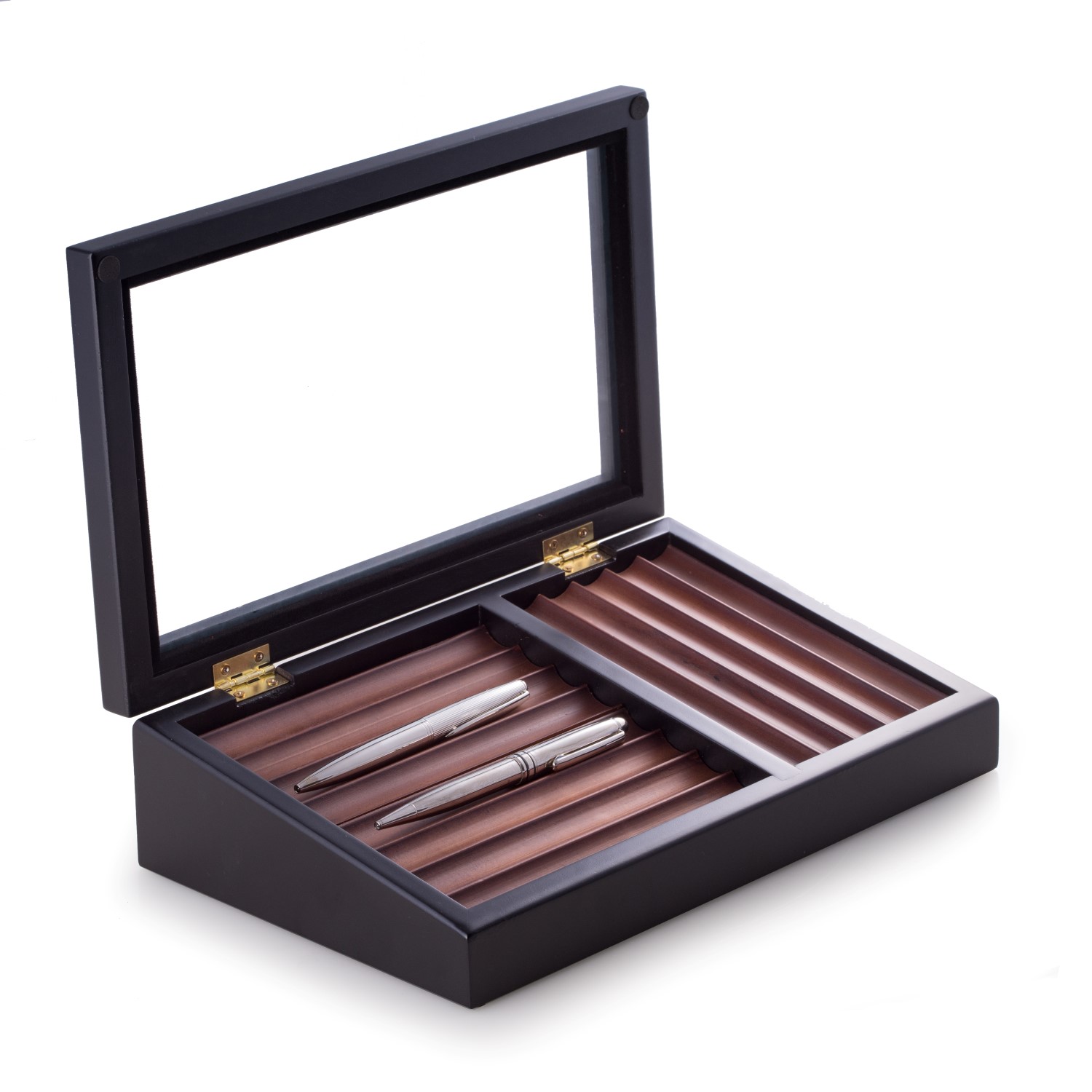 Black & Burgundy Wood Pen Box with Hinged Glass Top. Holds 13 Pens with ...