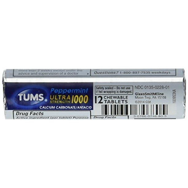 TUMS Ultra Strength Peppermint Antacid Chewable Tablets for Heartburn ...