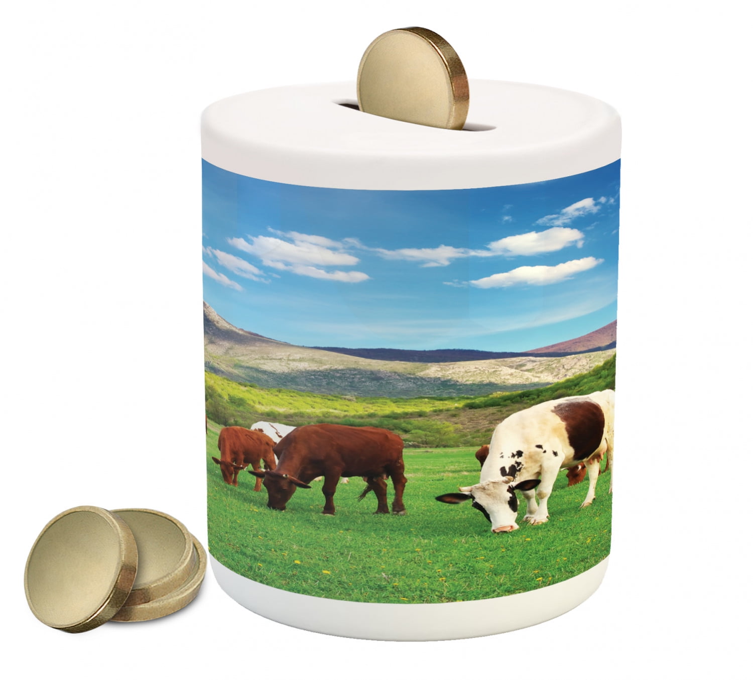 Cattle Piggy Bank, Colorful Herd of Cows on Green Meadow Surrounded by ...