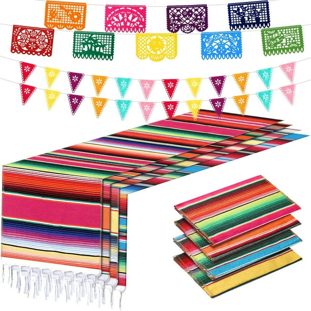 Vibrant Fiesta Table Decor Set - 7 Piece Serape Runner and Papel Picado ...