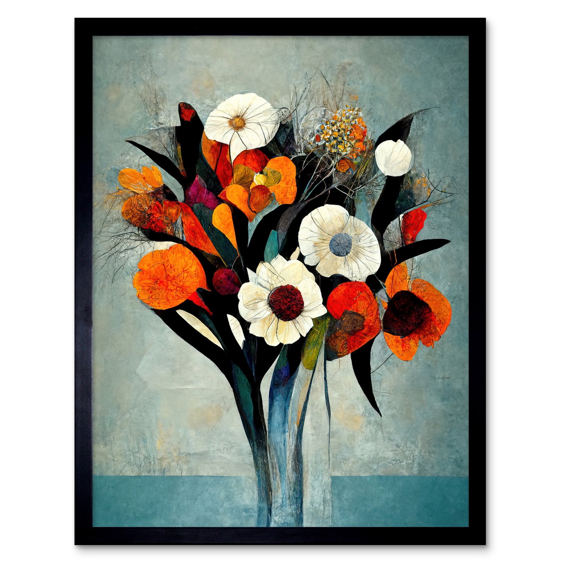 Teal Orange Flowers Floral Bouquet Modern Art Print Framed Poster Wall ...