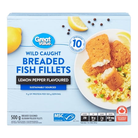 Great Value Lemon Pepper Flavoured Breaded Fish Fillets, 500 g ...