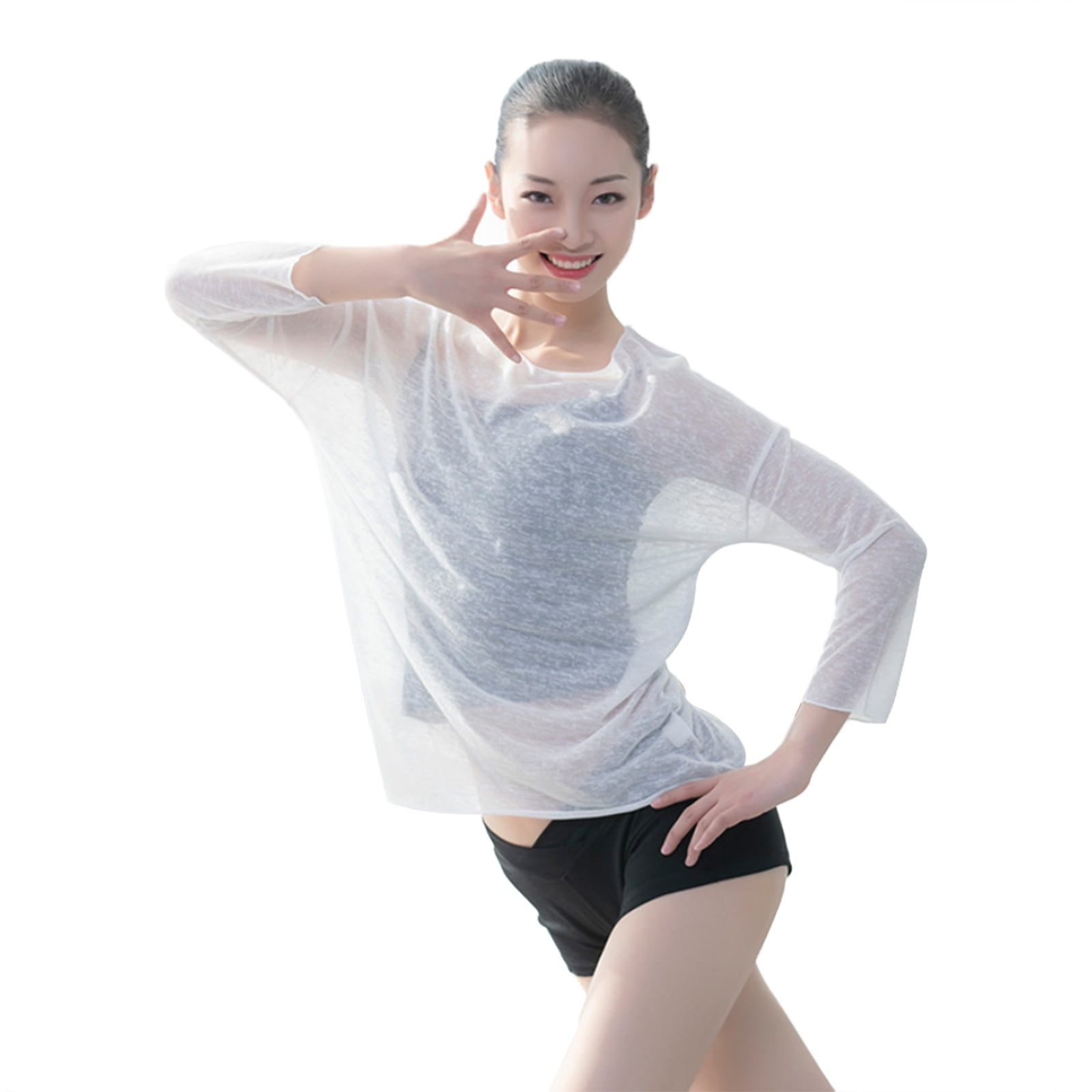 TiaoBug Women's Sheer Mesh Blouse, Long Sleeve Gym Yoga Top, Dance ...