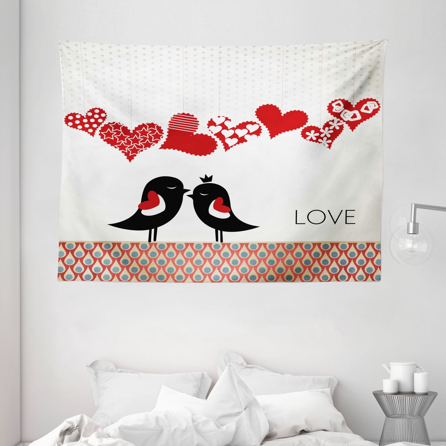 Love Tapestry, Queen and King Bird Couple Kissing Hanging Heart Shapes ...