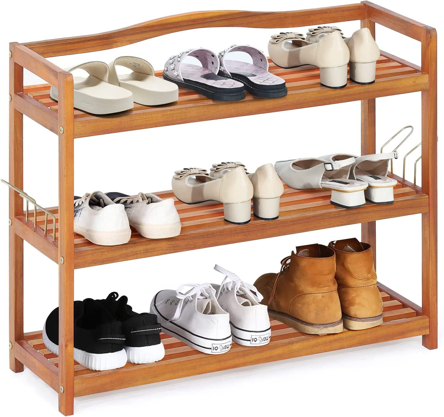 3-Tier Shoe Rack, Acacia Wood Shoe Shelf with Side Metal Hooks, Holds ...