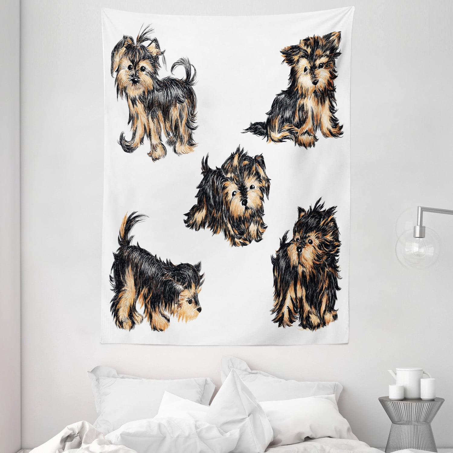 Yorkie Tapestry, Hand Drawn Cute Yorkies Realistic Yorkshire Terrier ...