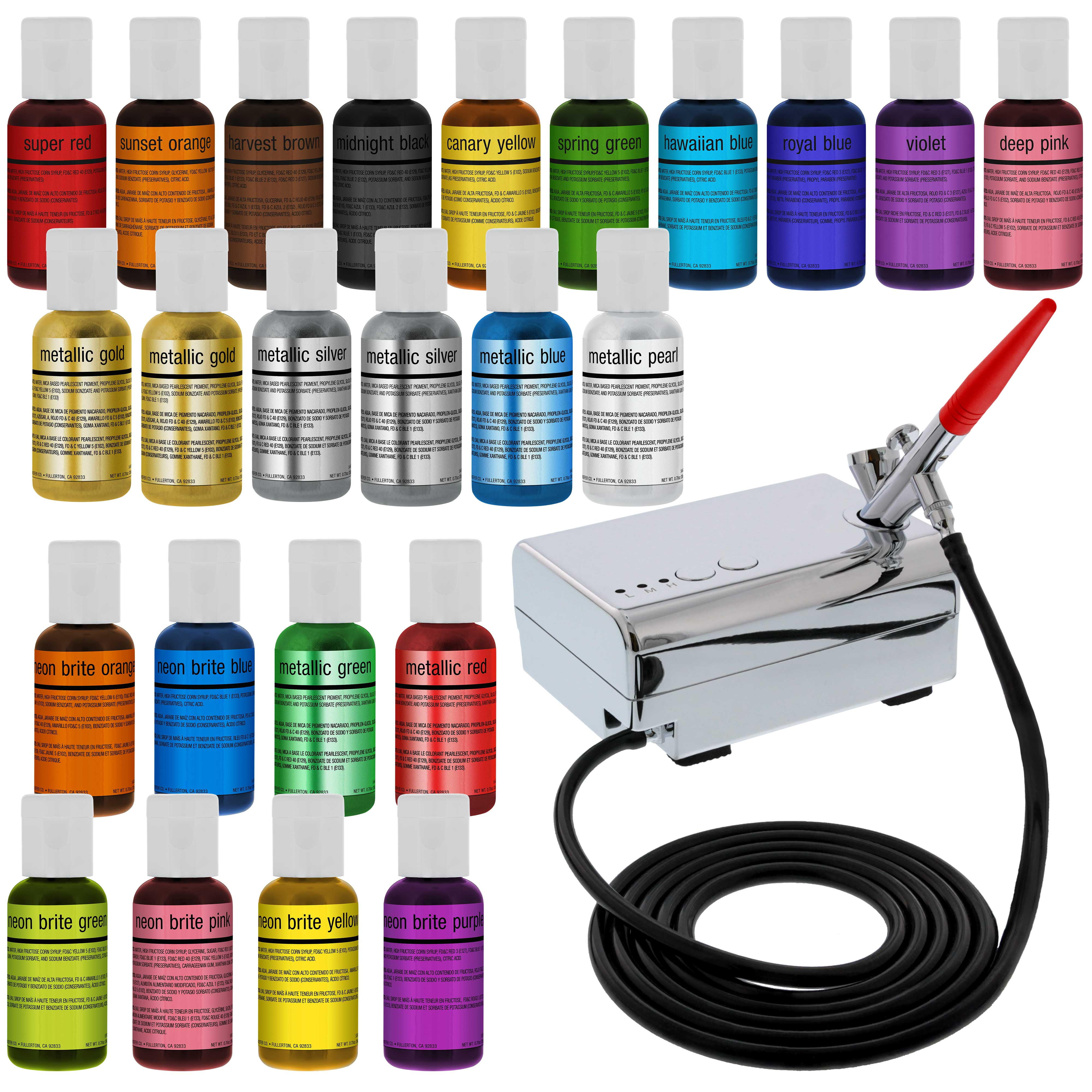 U.S. Cake Supply Complete Cake Decorating Airbrush Kit with 24 Vivid ...