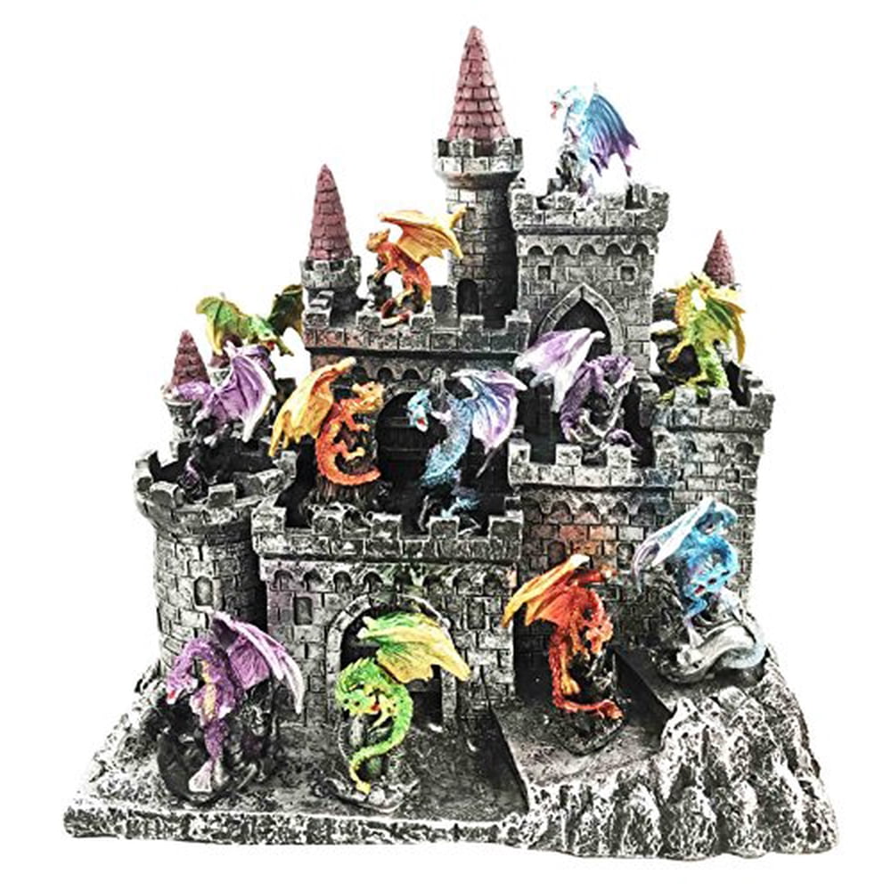 12 Miniature Medieval Dragons With Castle Fortress Display Stand ...