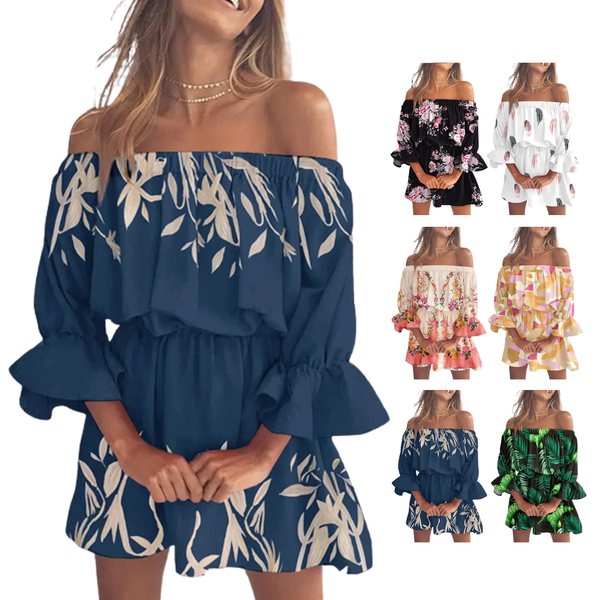 Women Off Shoulder Beach Dresses Floral Print Mini Dresses,Dark blue-XL ...