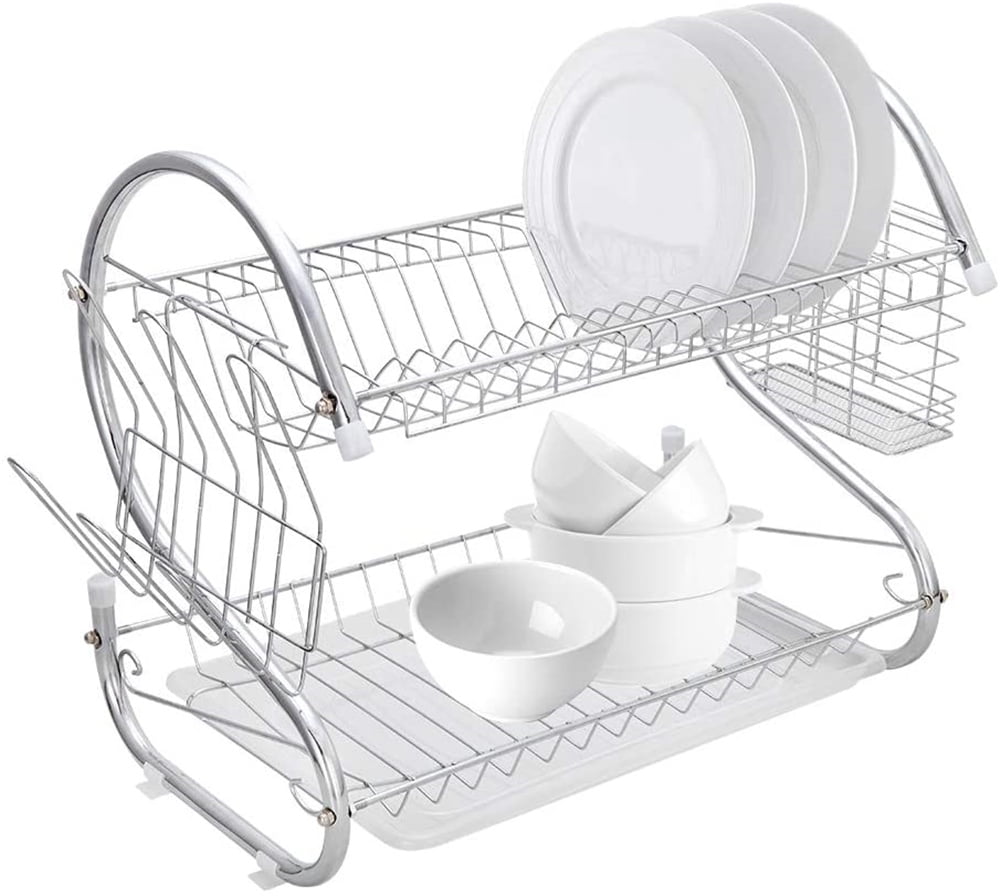 Dish Drying Rack, 2 Tier Dish Rack with Drain Board Kitchen Organizer ...