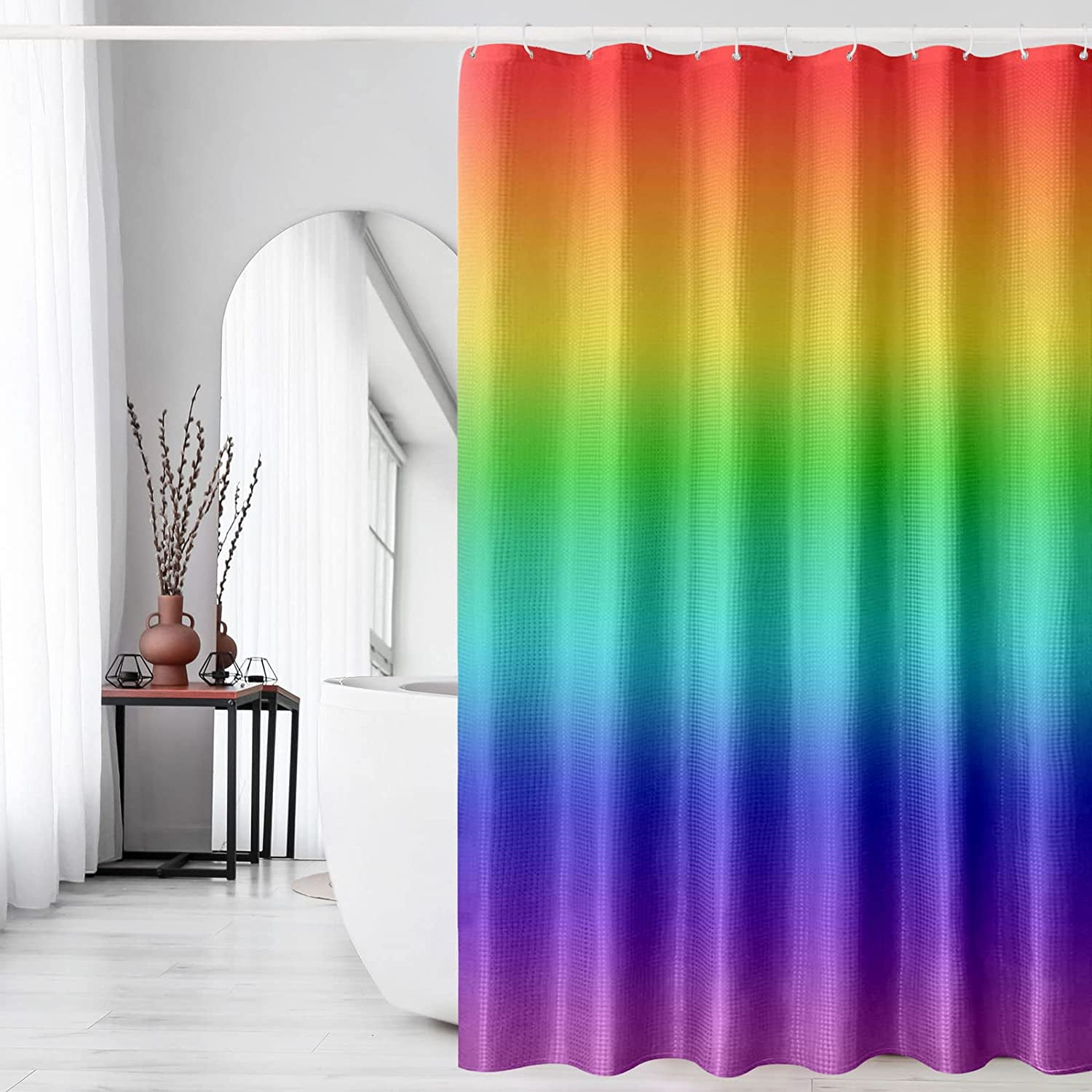 Colorful Rainbow Shower Curtain, Waffle Weave Fabric Ombre Bathroom Shower Curtain Set with ...