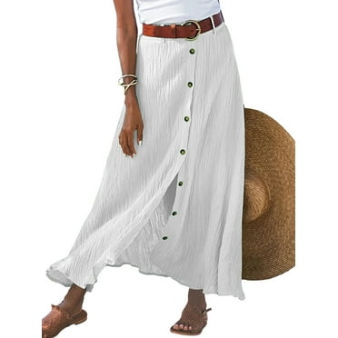 Rejlun Women Boho Long Skirts Cotton Linen Summer Beach Slit Skirt ...