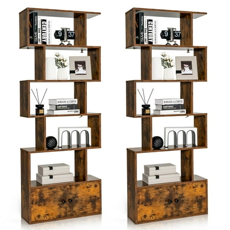 Giantex 2PCS 6-Tier Geometric Bookcase w/Cabinet, Freestanding Display ...