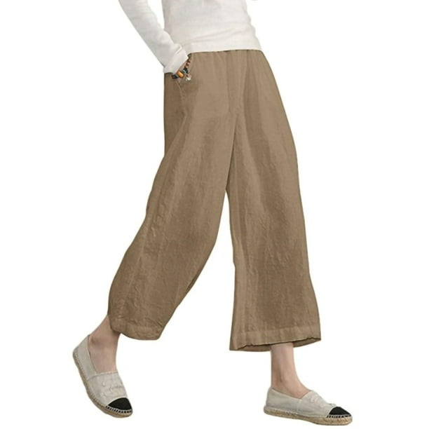Grianlook Crop Pants For Women Linen Capris Elastic Waist Wide Leg
