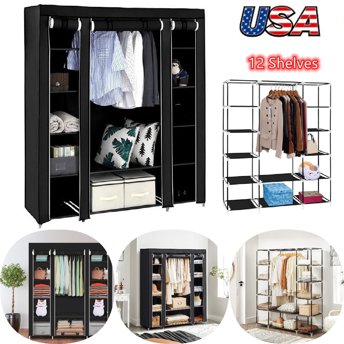 Freestanding Closet Storage Rack, Portable Wardrobe with Hanging Rods ...