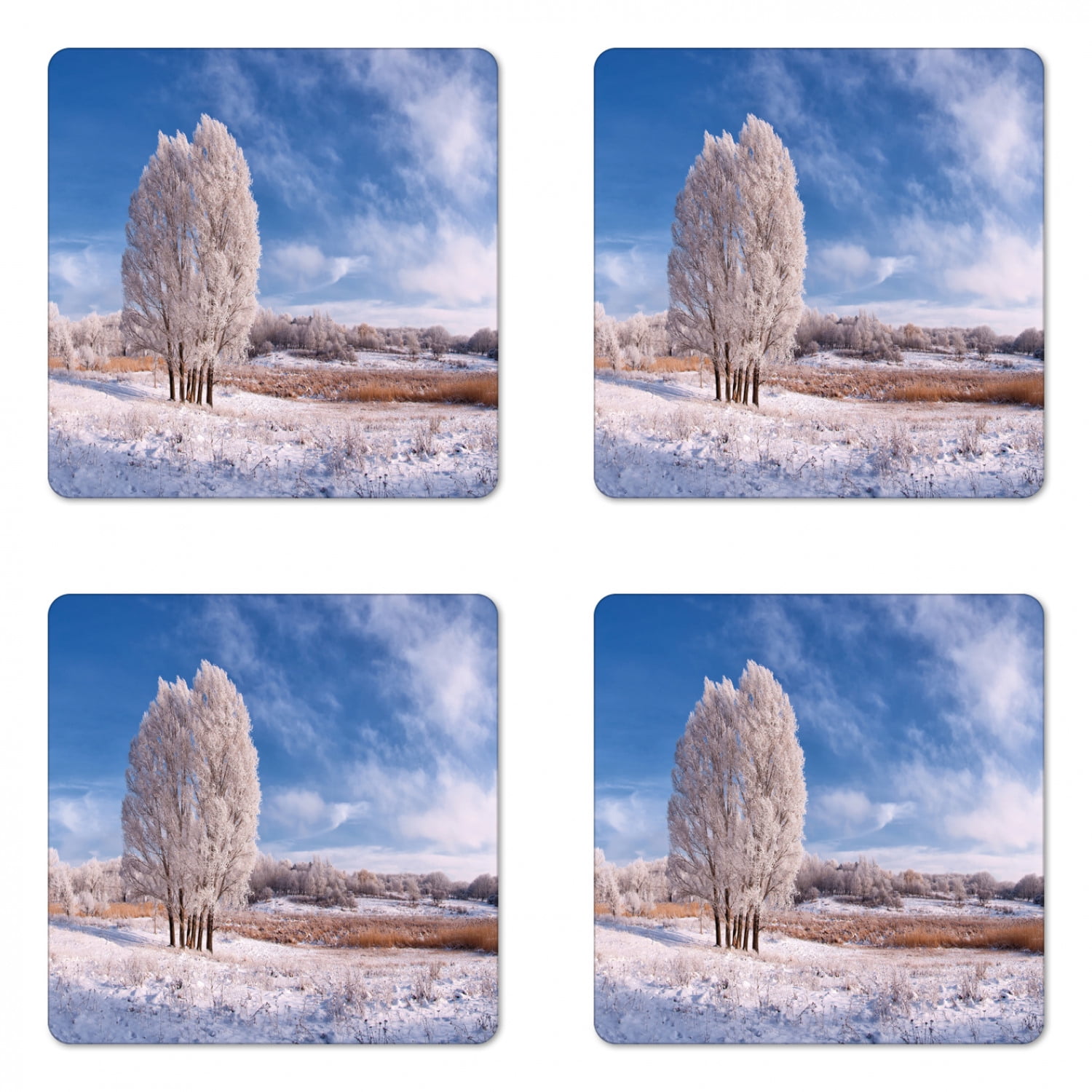 Nature Coaster Set of 4, Winter Landscape with Snowy Foliage and Tree ...