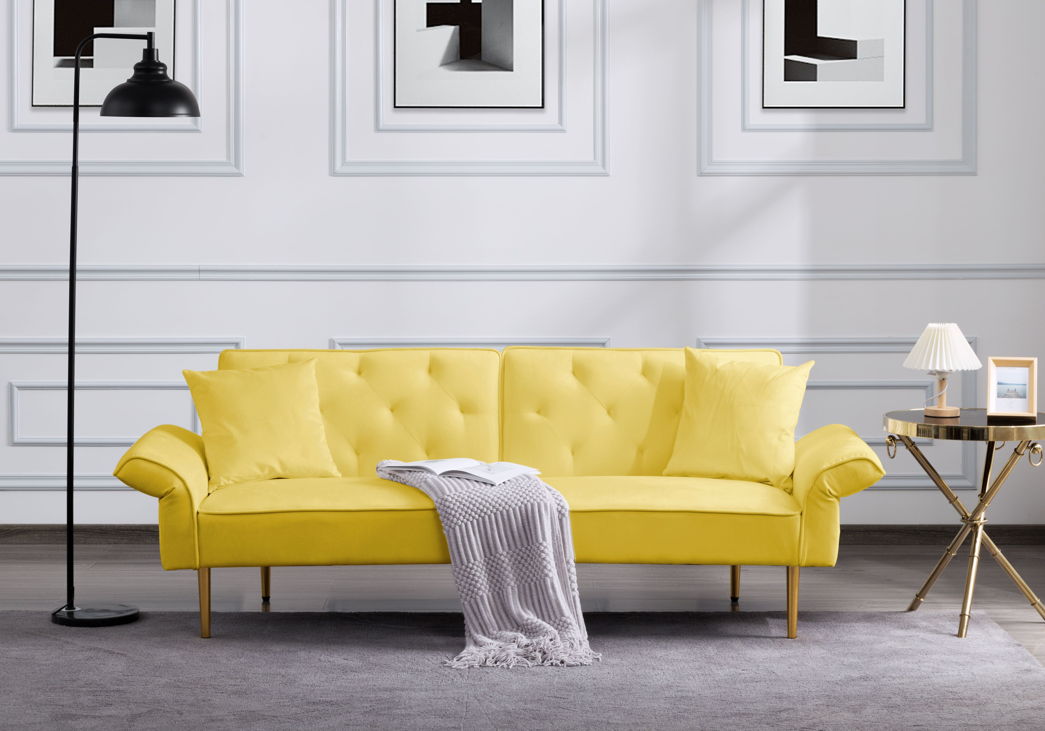 83.4” Velvet Futon Sofa Bed w/Adjustable Armrests and Backrest ...