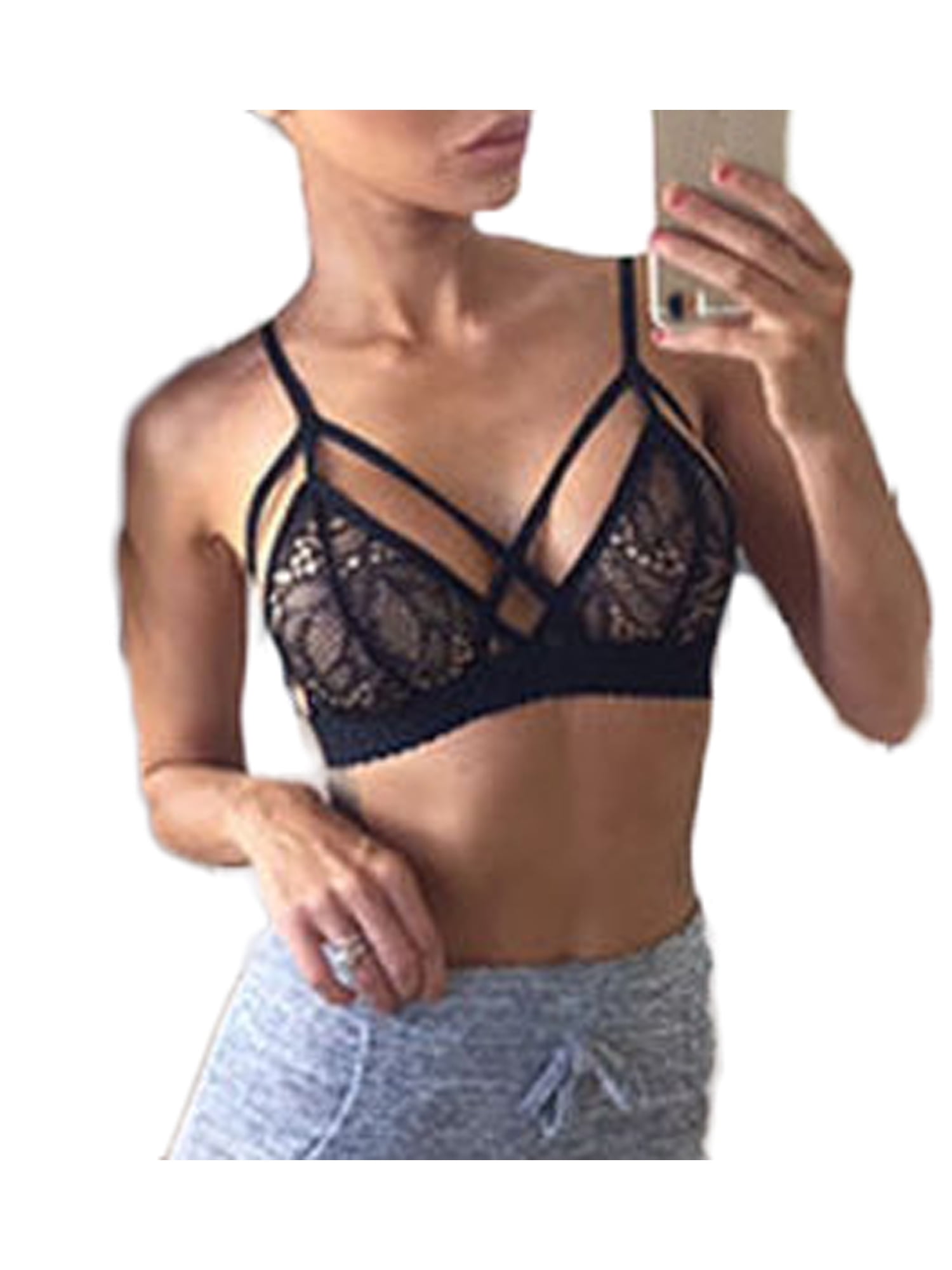 Wsevypo Floral Sheer Lace Triangle Bralette Bra Crop Top