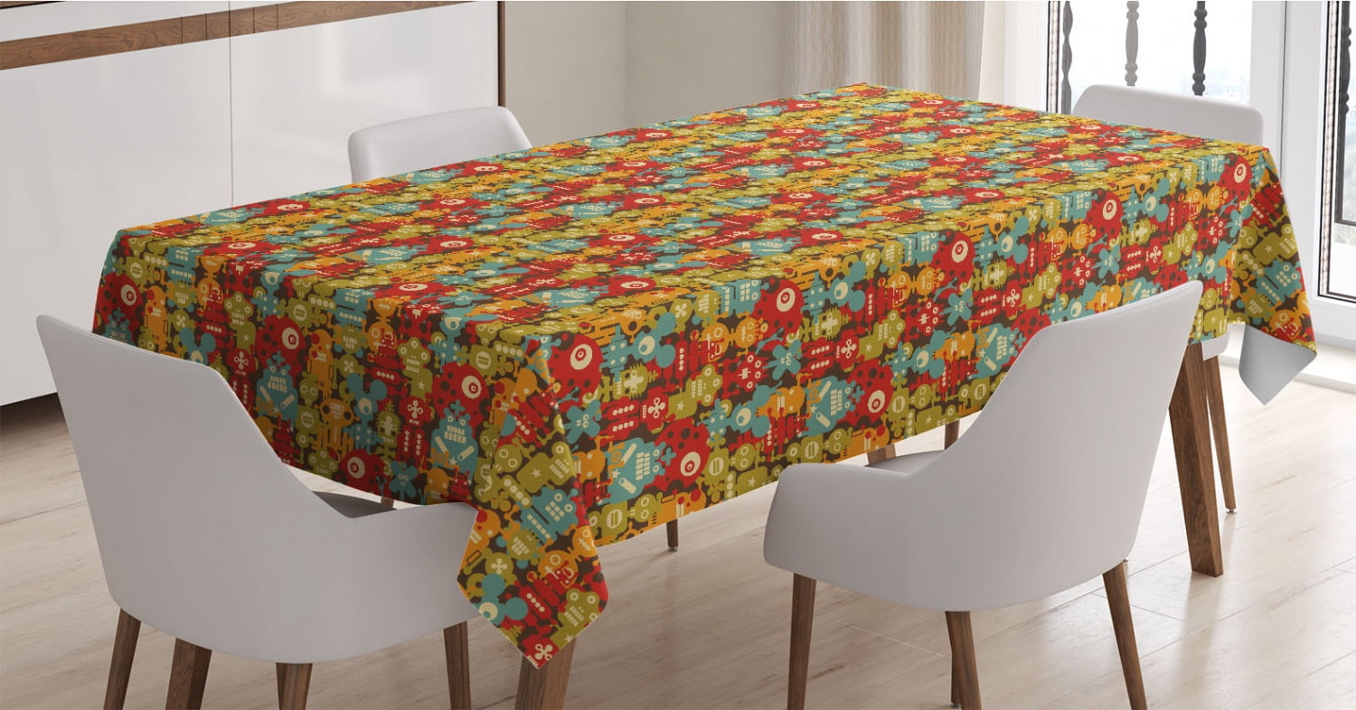 Cartoon Tablecloth, Colorful Robot Monsters Sci Fi Style Retro Game ...