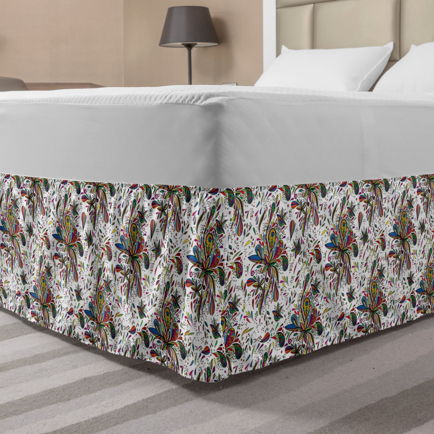 Colorful Bed Skirt, Flower Themed Pattern with Floral Ornament Natural ...