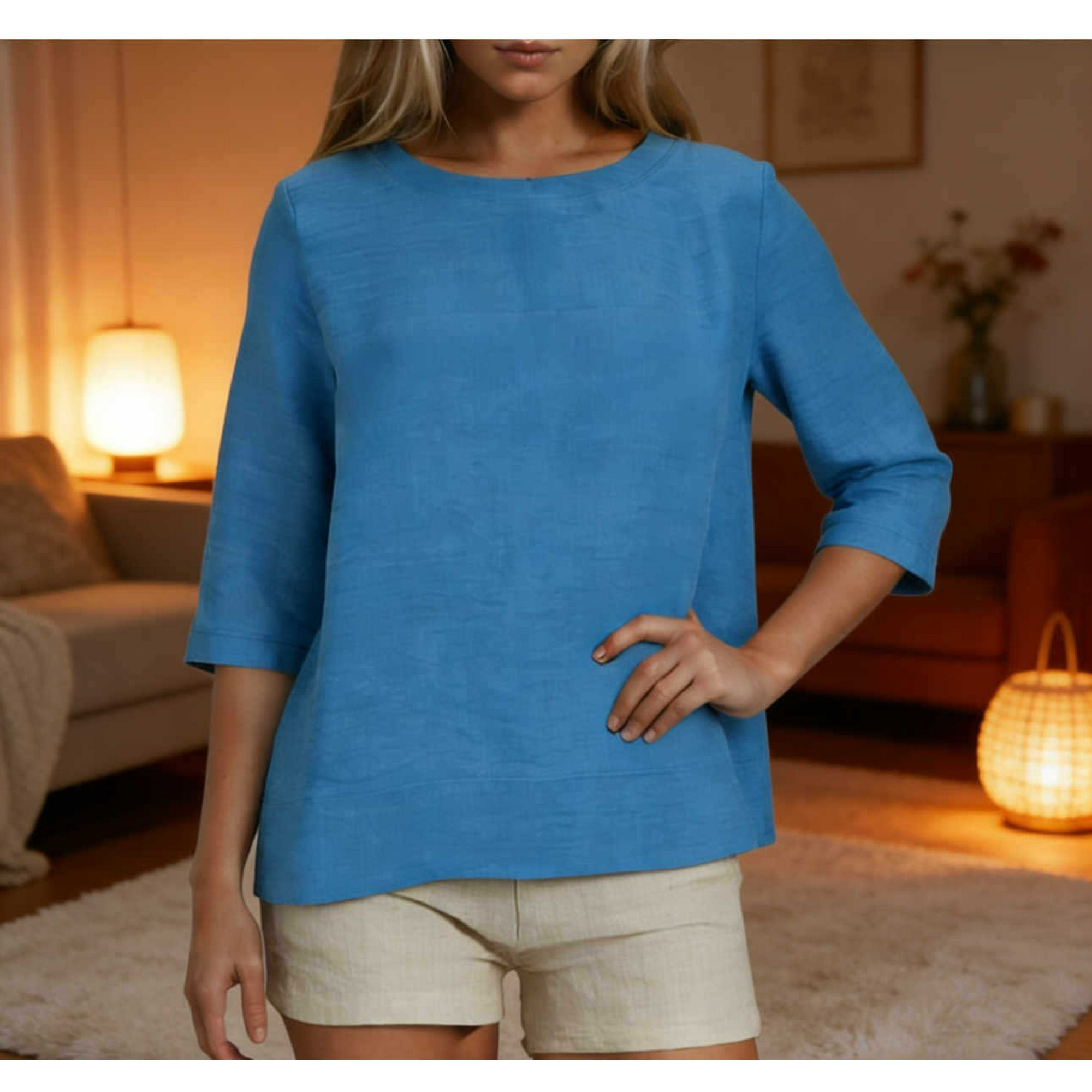 Click here for Ovbmpzd Womens Shirts Cotton Linen 3/4 Sleeve Blue... prices