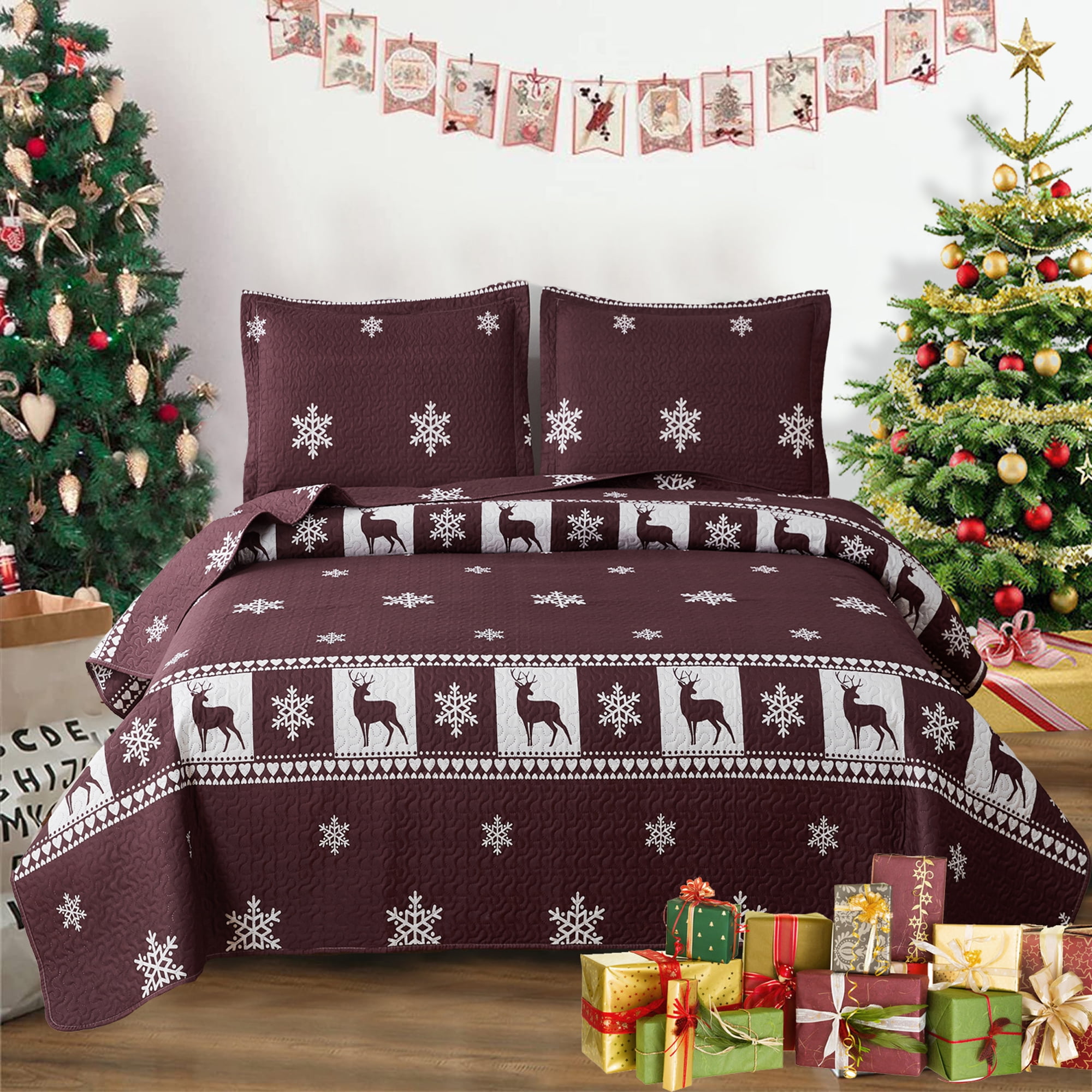 Smuge Christmas Holiday Reindeer Bedding Twin Size Quilt Deer Bedspread ...