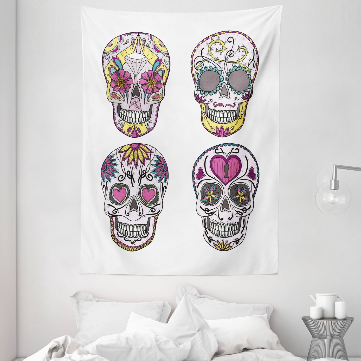 Sugar Skull Decor Tapestry, Mexican Style Traditional Sugar Skulls Set ...