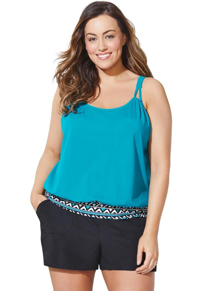 Swimsuits For All Women's Plus Size Loop Strap Blouson Tankini Set With ...