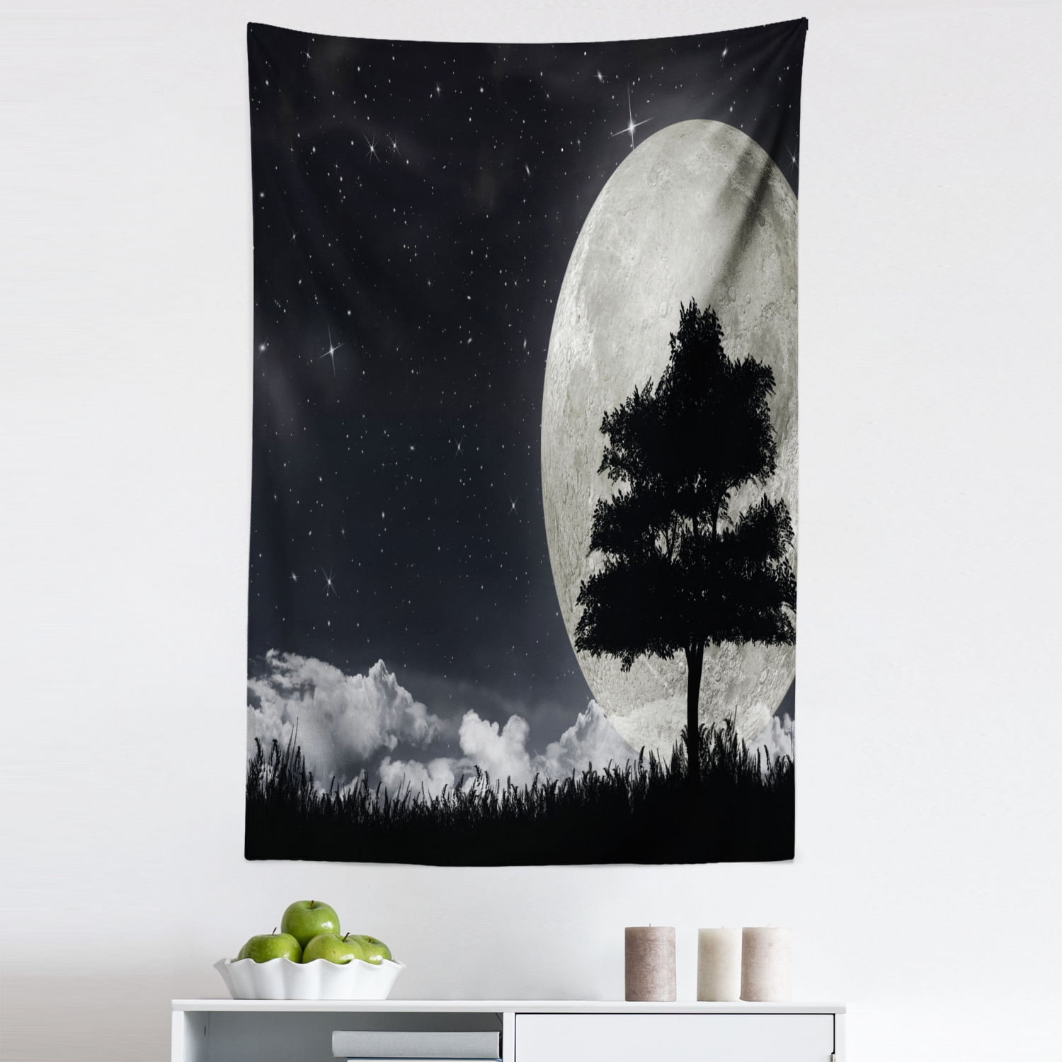 Night Tapestry, Silhouette of a Tree Against Giant Moon Starry Sky ...