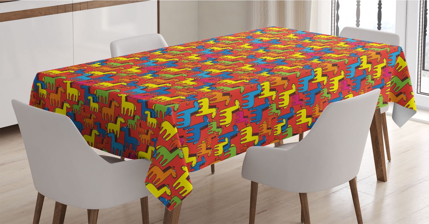 Horses Tablecloth, Colorful Cartoon Stallion Characters Abstract Farm ...