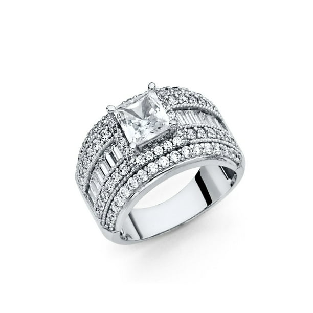 Solid 925 Sterling Silver Princess Cut Round Baguette Cubic Zirconia Engagement Ring Size 7 ...