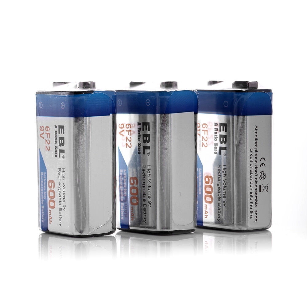 EBL 9V Rechargeable Batteries 9 Volt Lithium ion 600mAh Li-ion ...