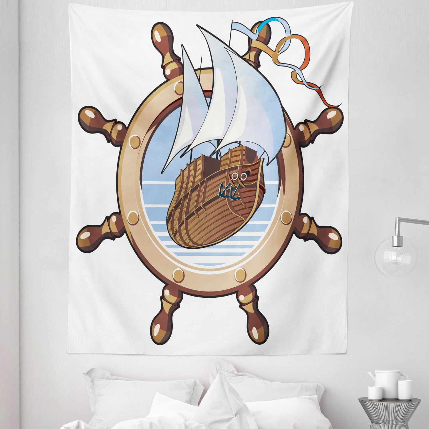 Nautical Tapestry, Image of Ship Is in Framing of Steering Wheel ...